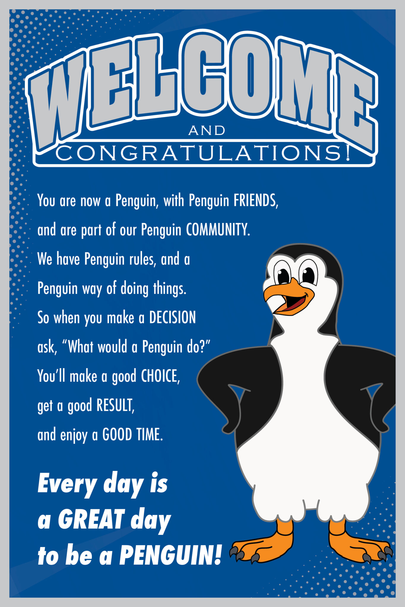 Welcome-Poster-Penguin - Mascot Junction